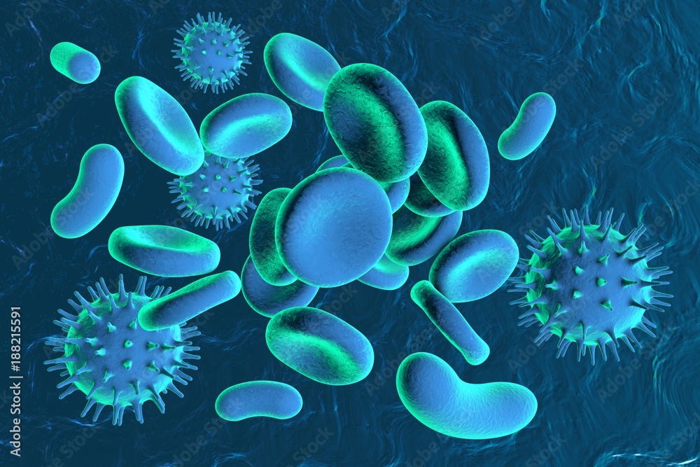 Blue image of human red blood cells, bacteria and viruses Stock ...