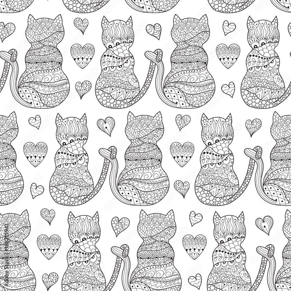 Romantic cats seamless pattern. Great for coloring book, wrapping ...
