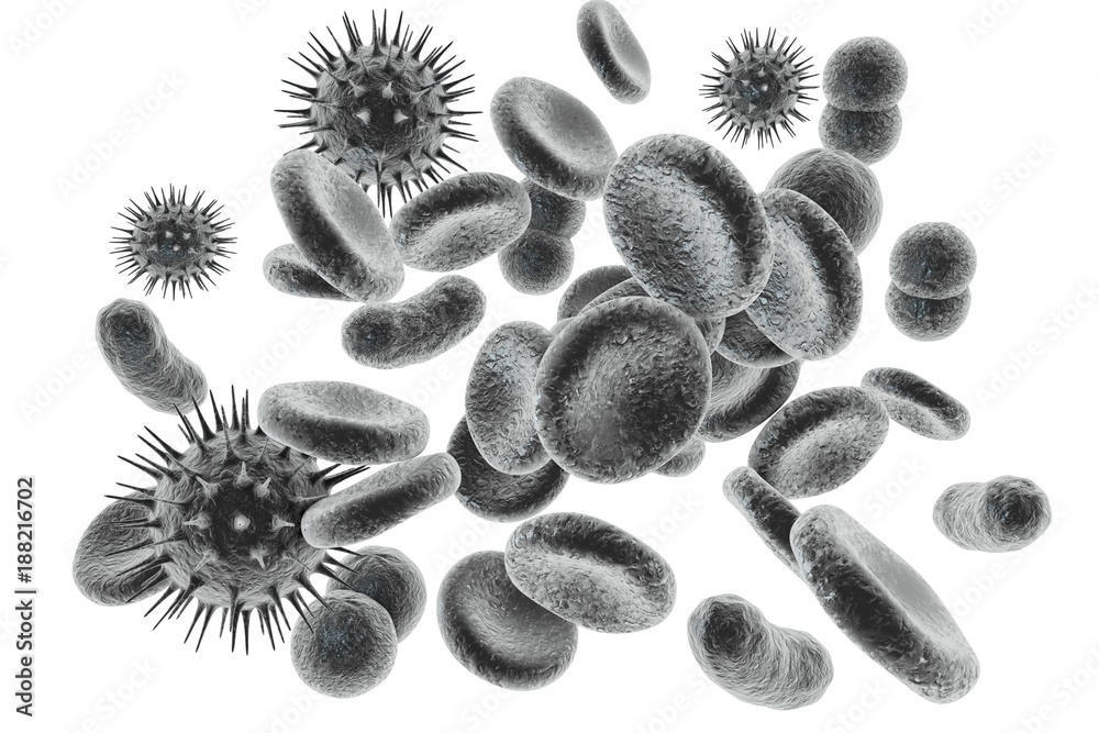 Black-and-white image of red blood cells, bacteria and viruses isolated ...