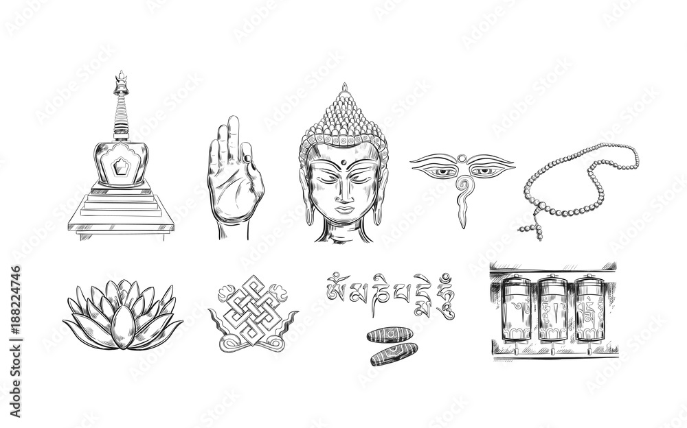 Buddhism icons collection. Spirituality,Yoga print. Vector hand drawn ...