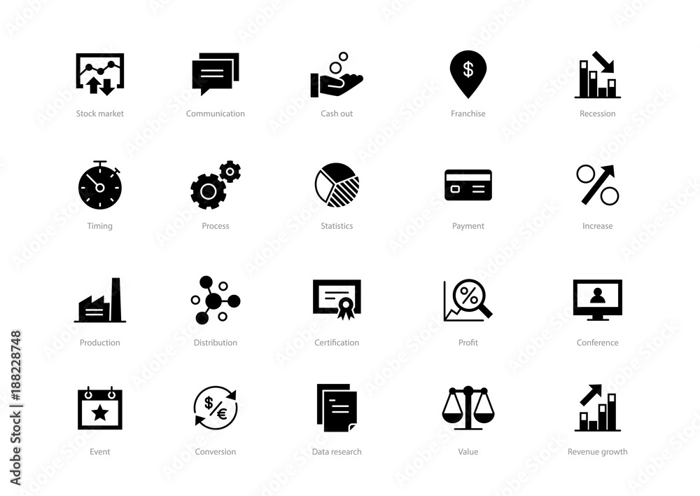 Set of black solid business icons isolated on light background ...
