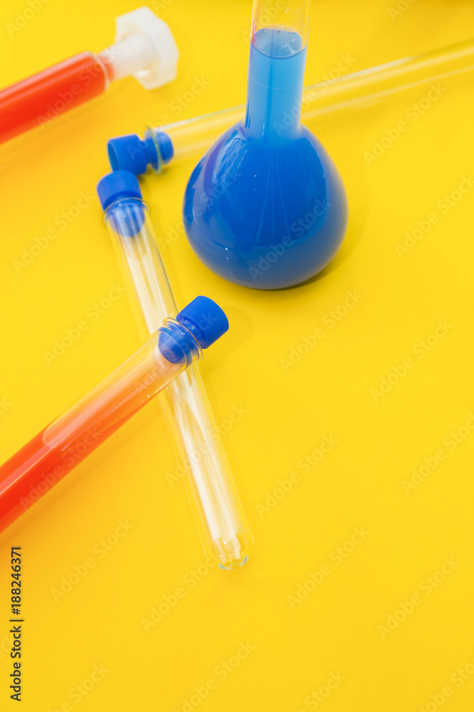 Education concept: Experiments with chemical flasks and test tubes with ...