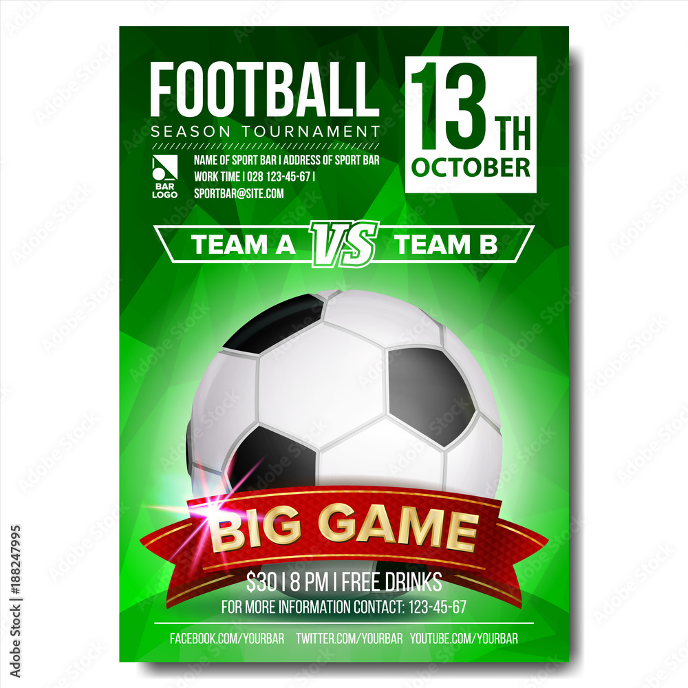 Soccer Poster Vector. Football Ball. Design For Sport Bar Promotion ...
