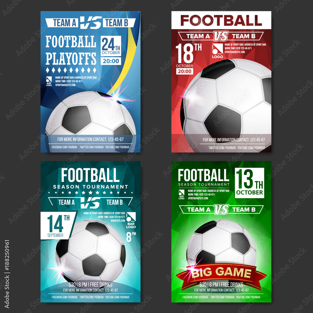 Soccer Poster Set Vector. Design For Sport Bar Promotion. Football Ball ...