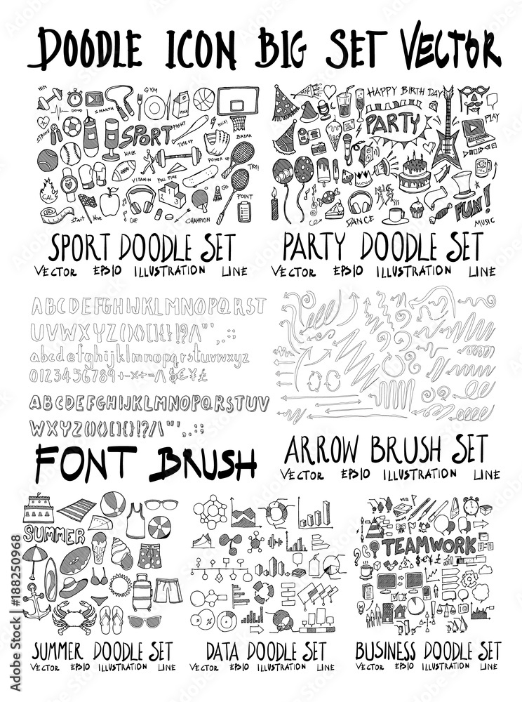 MEGA set of doodles vector. Collection of Data, Arrow, Party, Summer ...