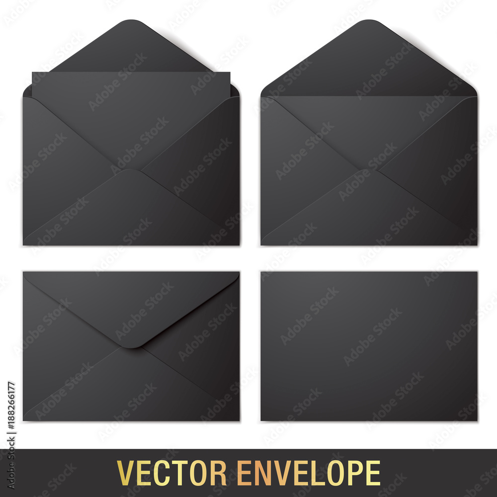 Set of black vector envelopes in different views, isolated on a white ...