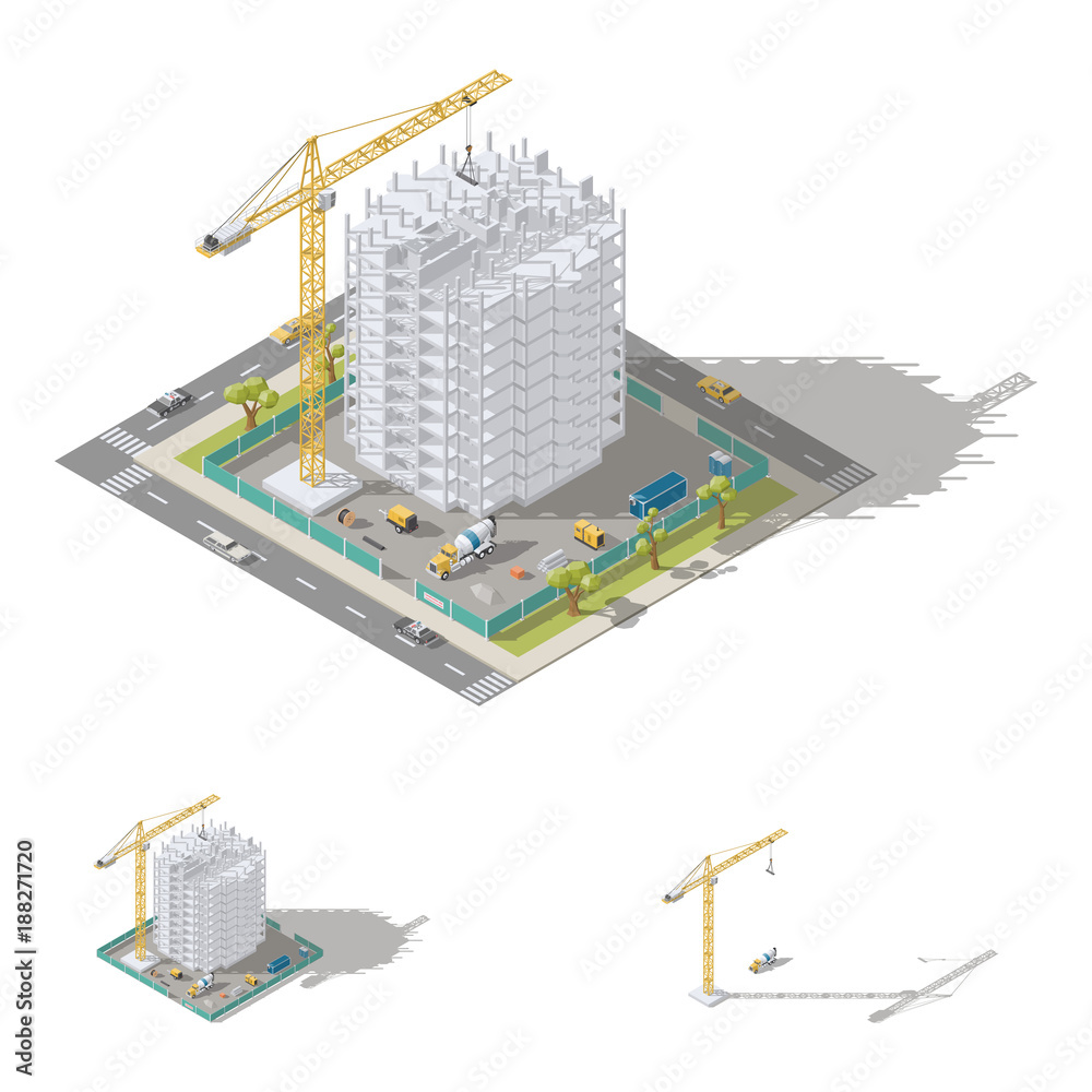 Construction of house, monolithic frame of the building isometric low ...