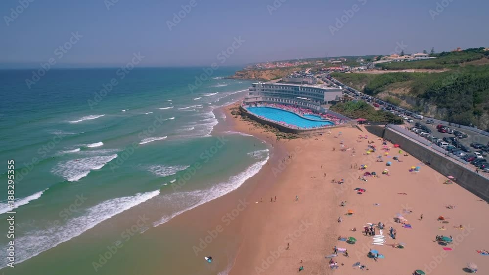Aerial 4K Praia Grande beach Armacao de Pera, Algarve south of Portugal ...