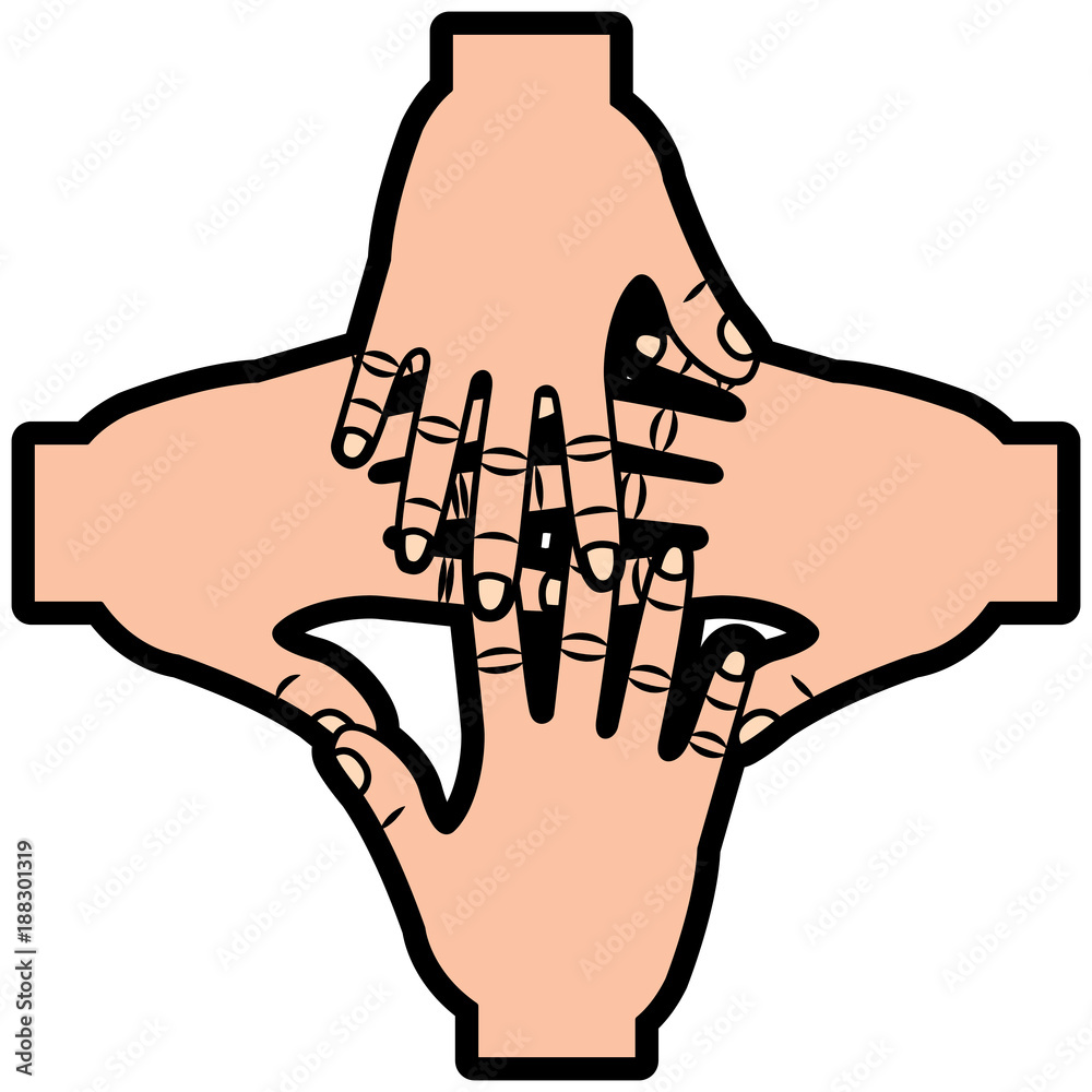 four human hands teamwork unity vector illustration sticker design ...
