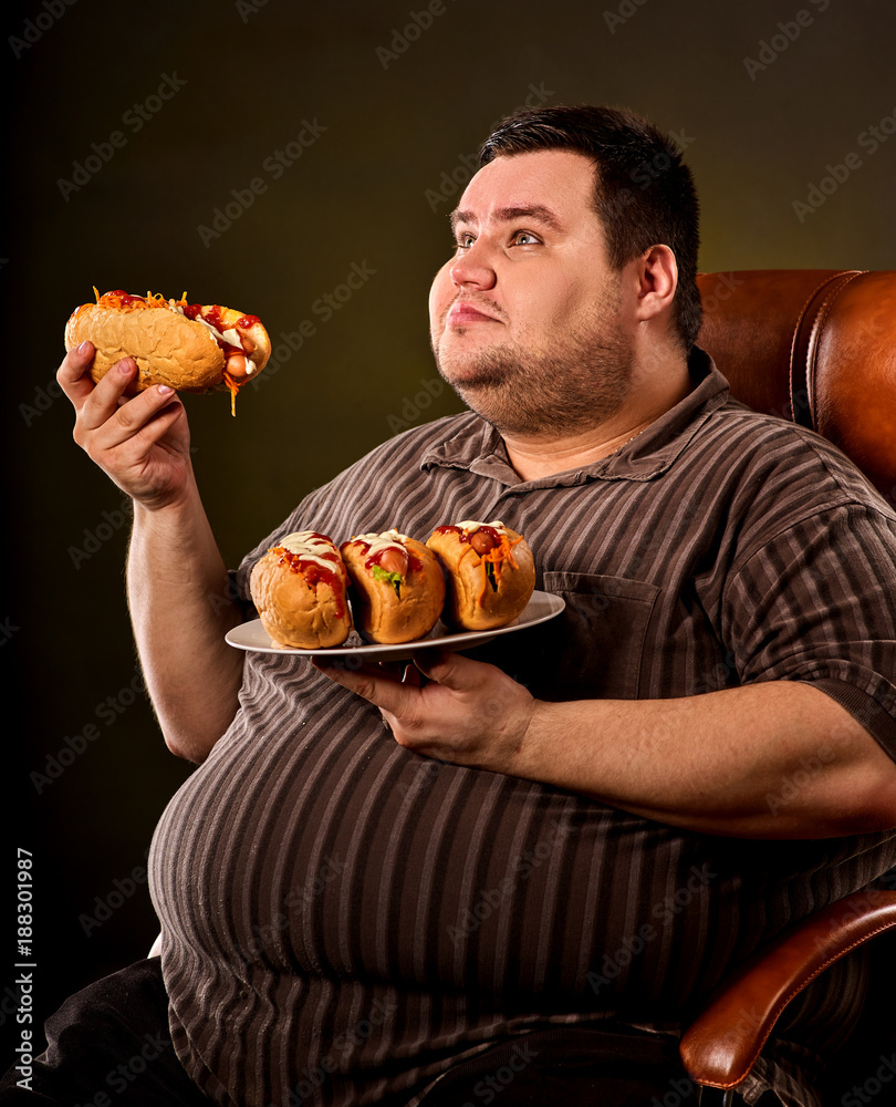 Fat Man Eating Fast Food Hot Dog On Plate Breakfast For Overweight Fat Man Eating Fast Food Hot Dog On Plate Breakfast For Overweight