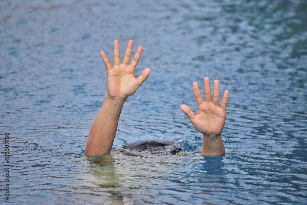 Man drowning in out door swimming pool while swimming alone, show two ...