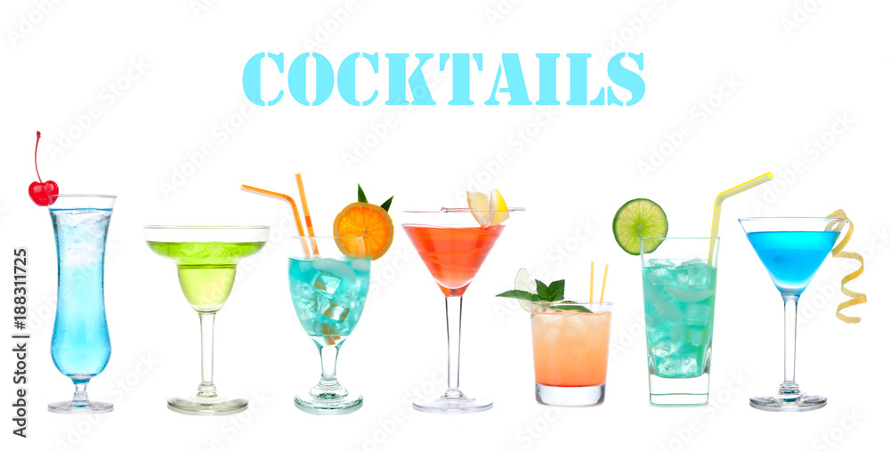 Set of many alcohol cocktails Blue Hawaiian, Martini, Cosmopolitan ...