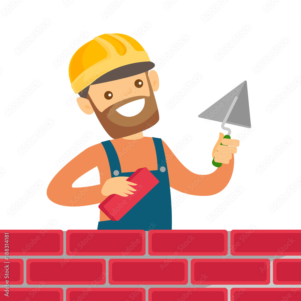 Young caucasian white hipster bicklayer in uniform and hard hat working ...