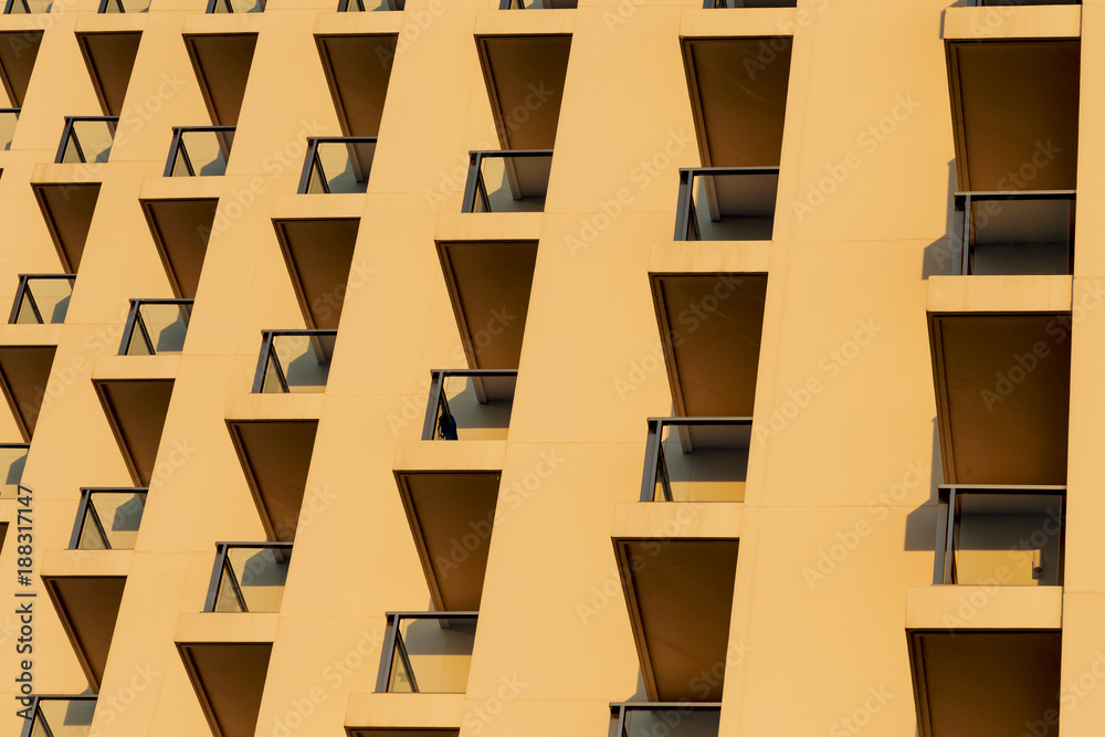 beautiful light and shadow on building balconies of the vintage hotel ...