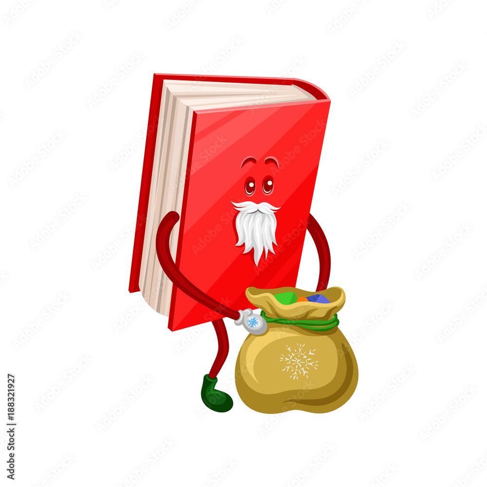 Funny humanized Santa Claus book character with bag of gifts cartoon ...
