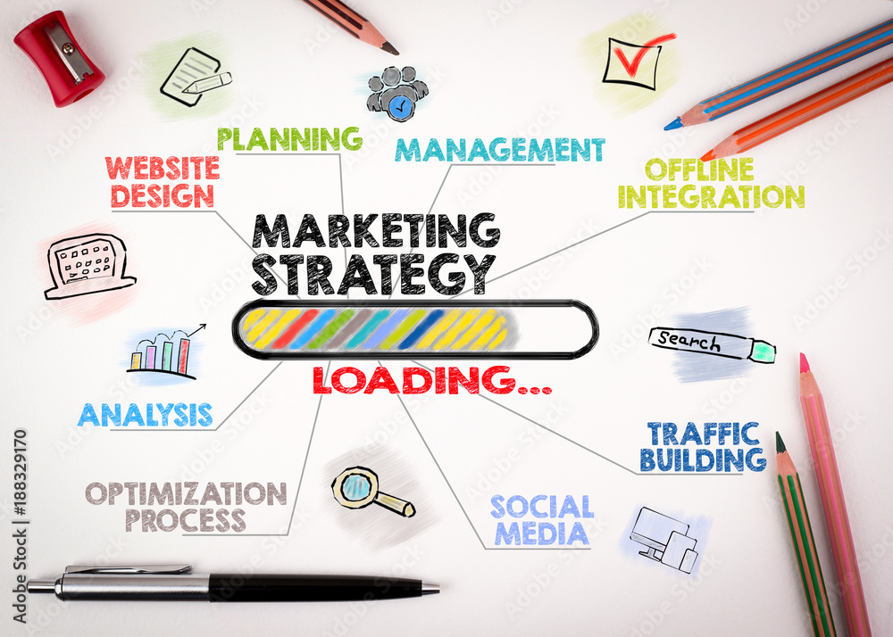 marketing strategy Concept. Chart with keywords and icons on white ...