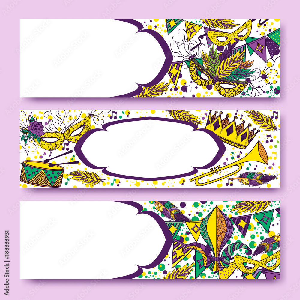 Mardi Gras or Shrove Tuesday cards with green, yellow and violet colors ...