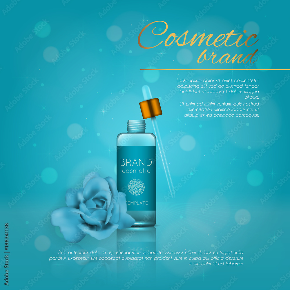 Vector 3D cosmetic illustration with rose and bokeh background. Beauty ...