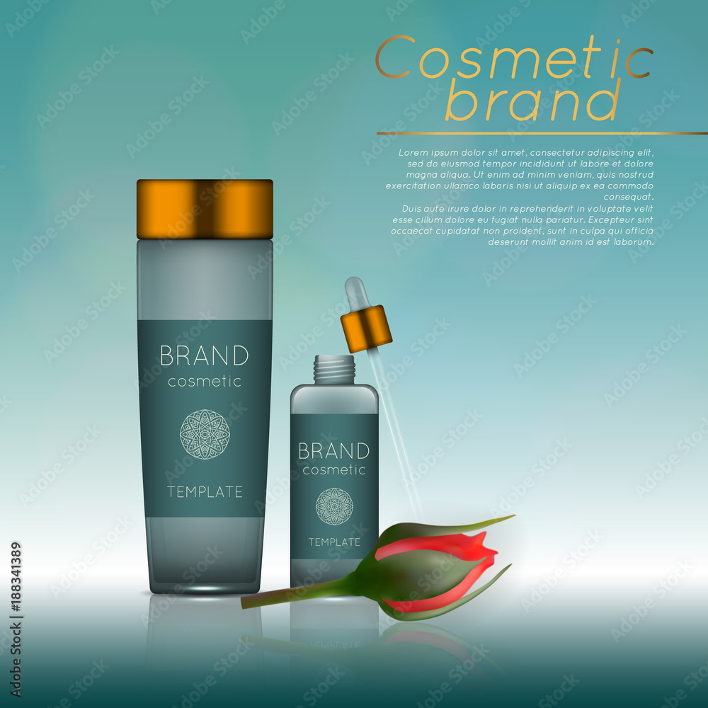 Vector 3D cosmetic illustration with rose and bokeh background. Beauty ...