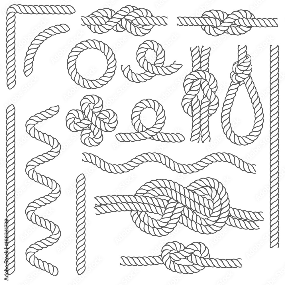 Rope Knots Borders Black Thin Line Icon Set. Vector Stock Vector | Adobe Stock