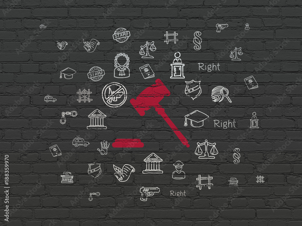 Law concept: Painted red Gavel icon on Black Brick wall background with ...