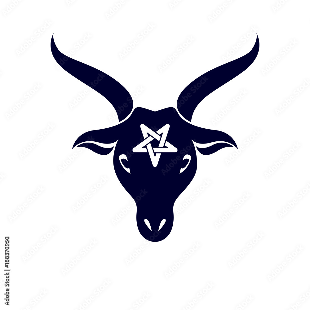 Vector graphic emblem of horned goat head made with a pentacle symbol ...