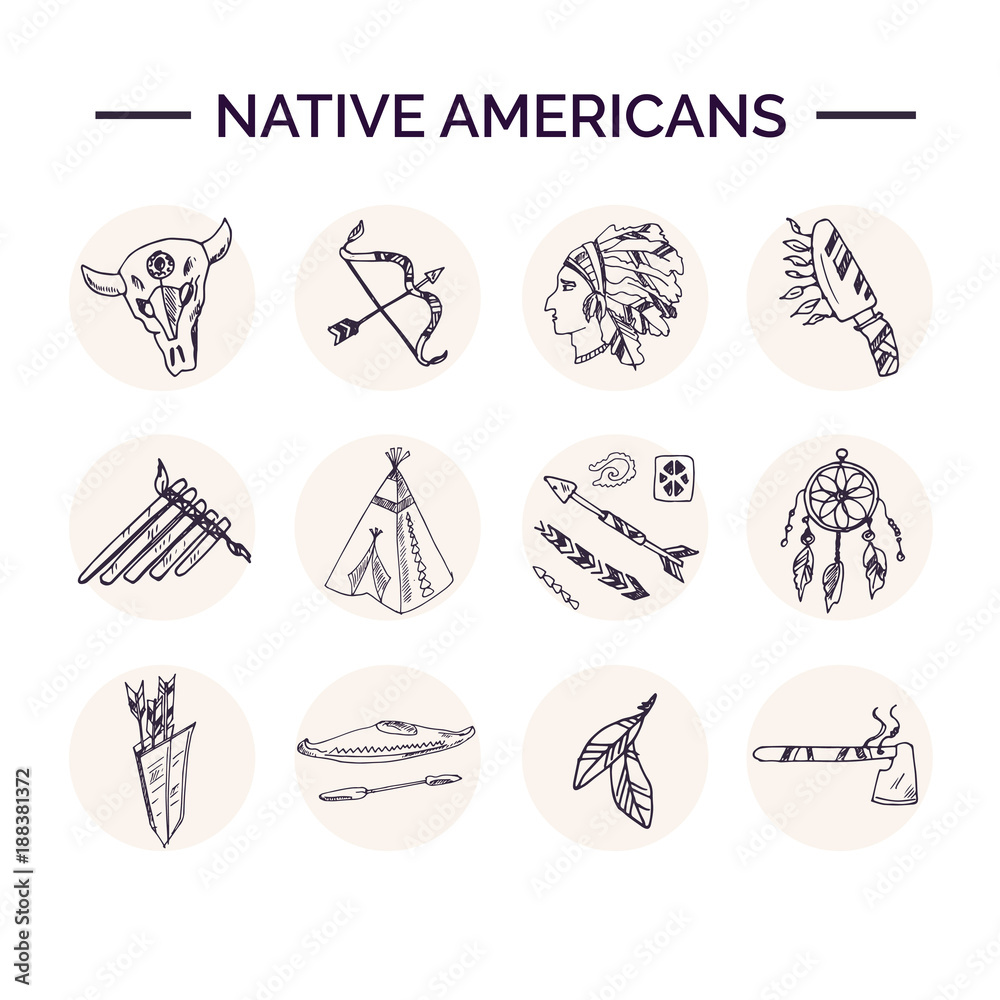 Hand drawn doodle native americans set. Stock Vector | Adobe Stock