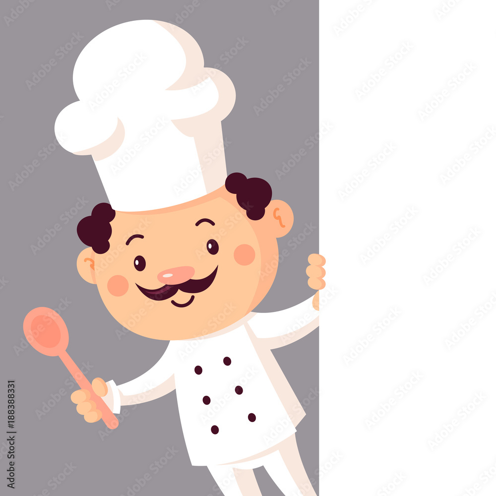 Cute chef cartoon mascot character standing behind blank banner. Vector ...
