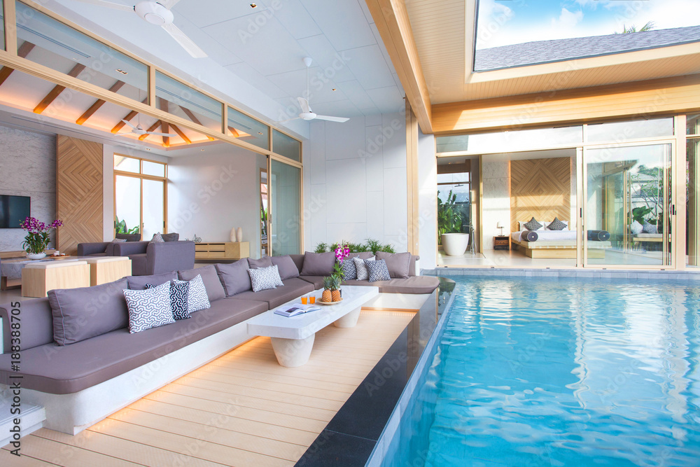 Luxury interior design in living room of pool villas. Airy and bright ...