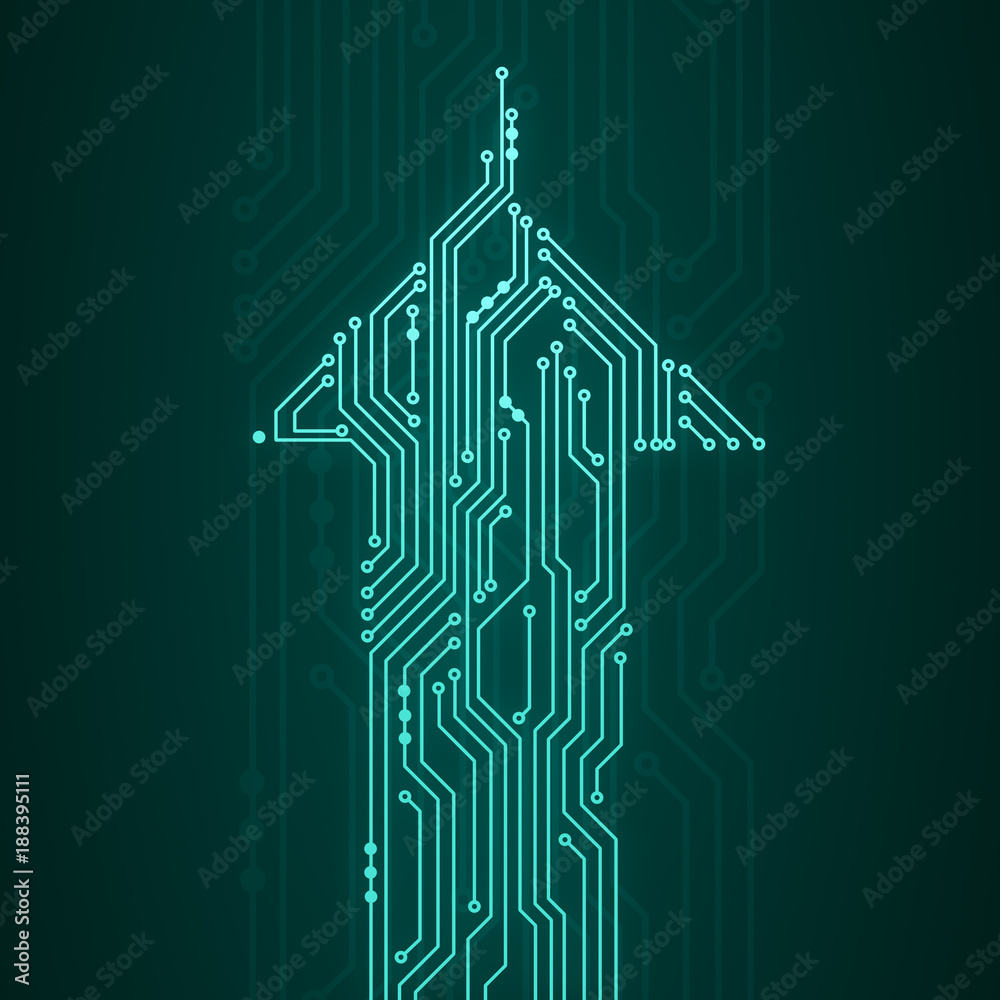 Abstract digital illustration of microchip board in arrow shape moving ...