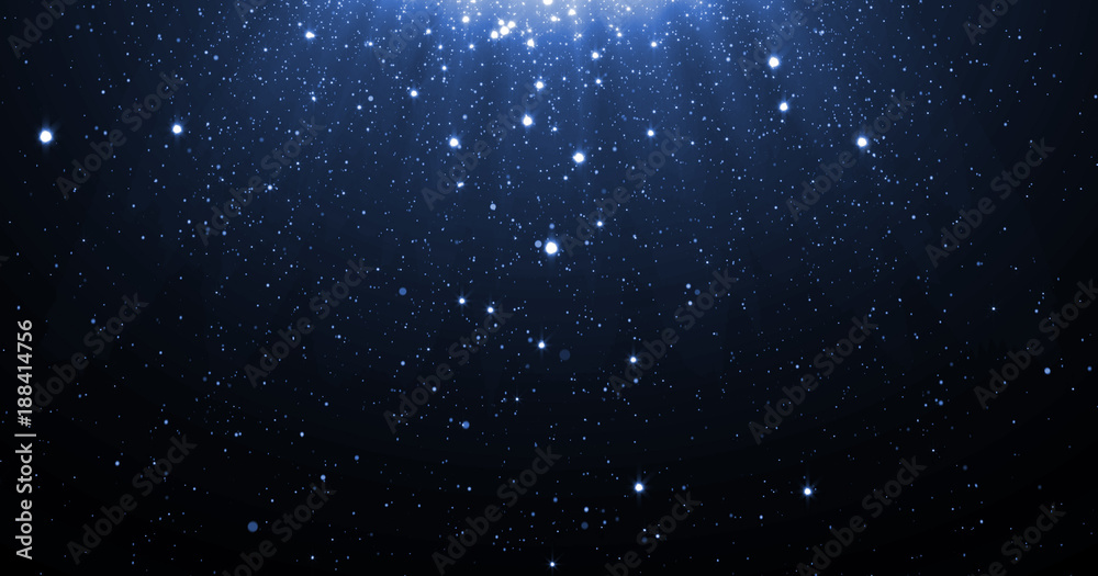 Blue glitter particles background with shining neon stars falling down and light flare or glare ...