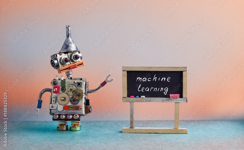 Machine learning concept. Robot creative design toy metal funnel hopper ...