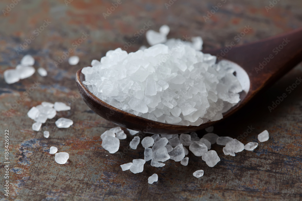 Sea salt condiment macro view. Natural mineral flavoring food ...