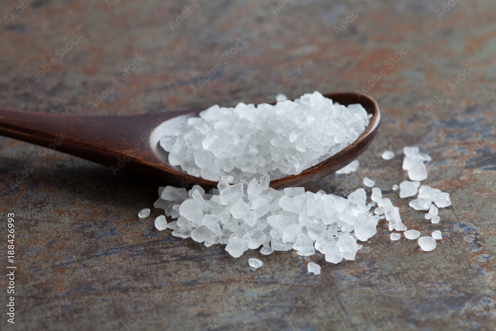Sea salt condiment macro view. Natural mineral flavoring food ...