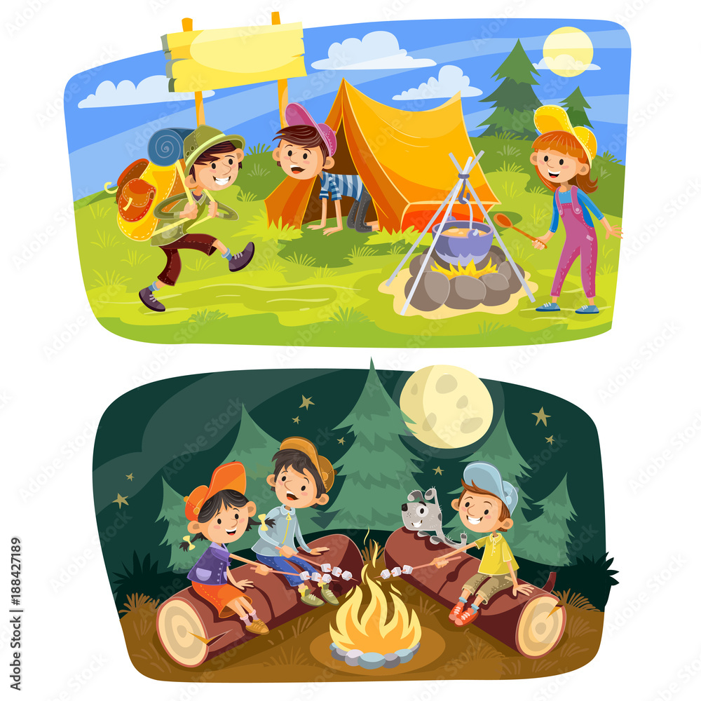 Kids summer camping vector concept illustration. Group of teens make a ...