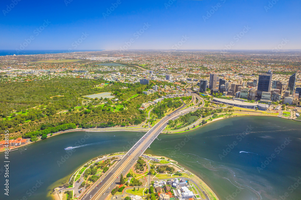 Aerial view of Perth City in Australia. Scenic flight over Narrows ...