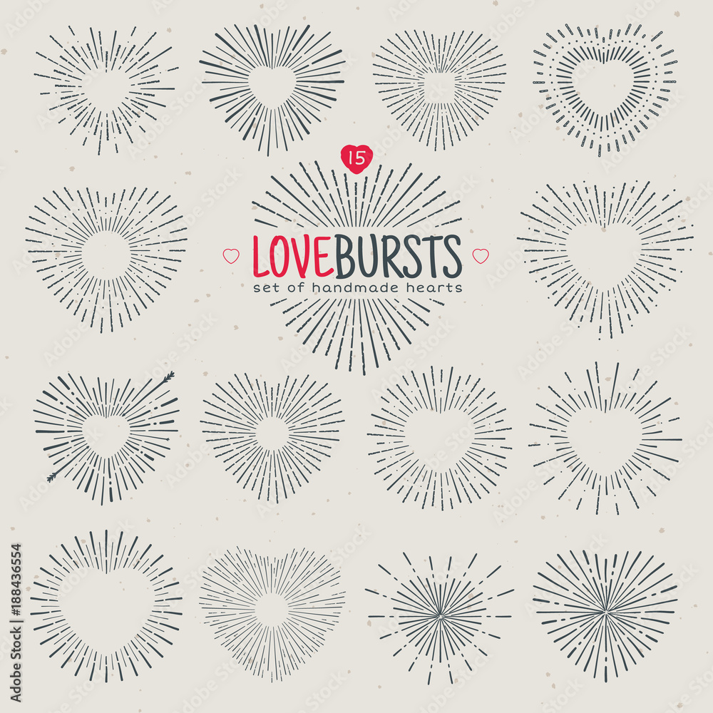 Geometric hand drawn sunburst, sun beams in hearts shape. Hearts ...