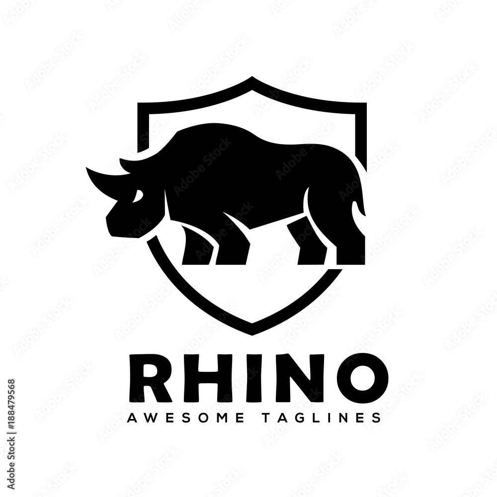 Rhino with shield logo vector, Rhinoceros shield logo monochrome color ...