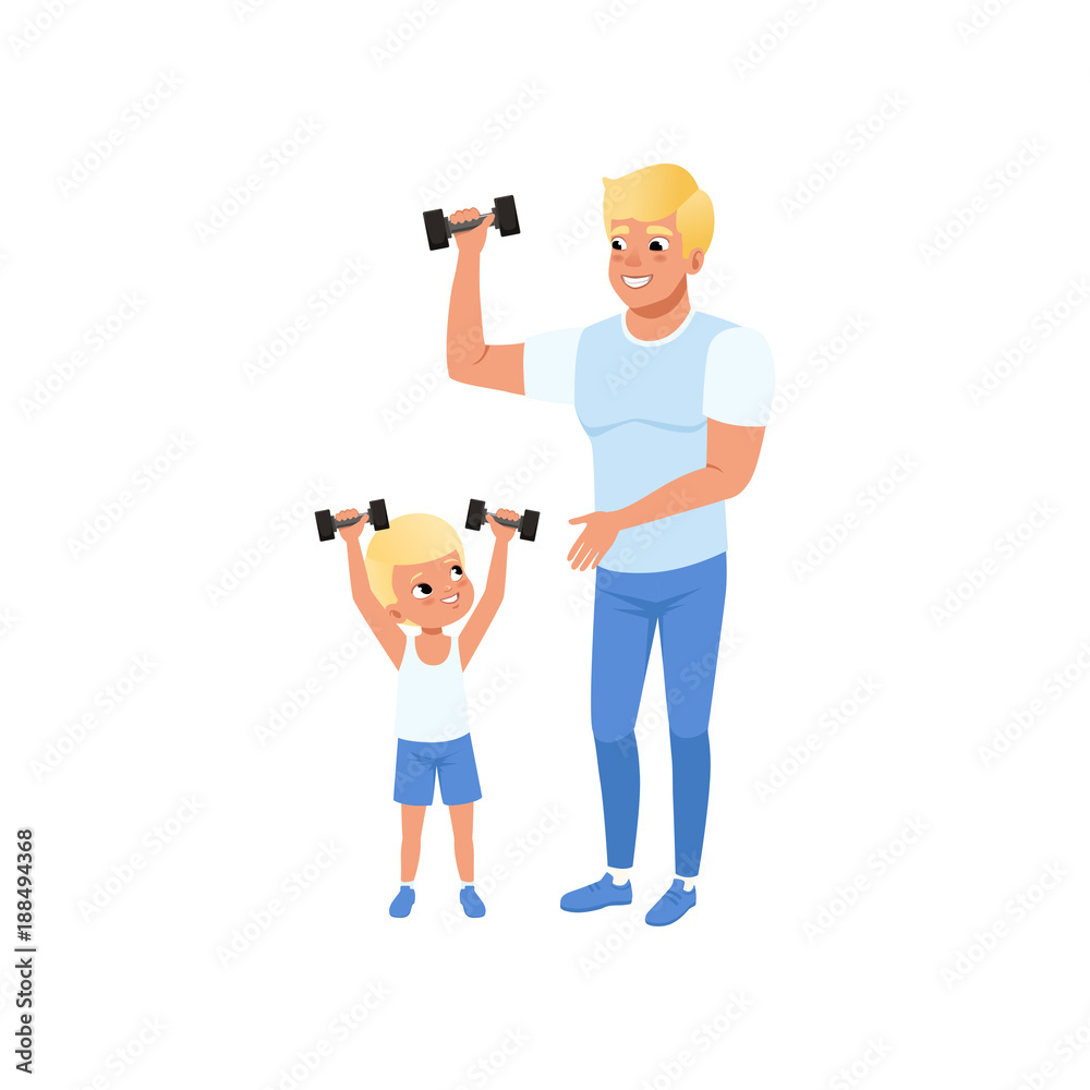 Smiling father and his son exercising with dumbbells at gym. Happy ...