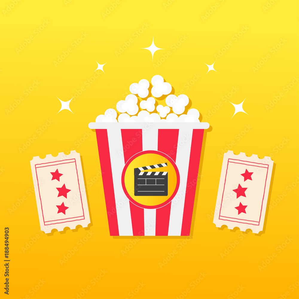 Popcorn box. Two Tickets with stars. Clapper board. Movie Cinema icon ...