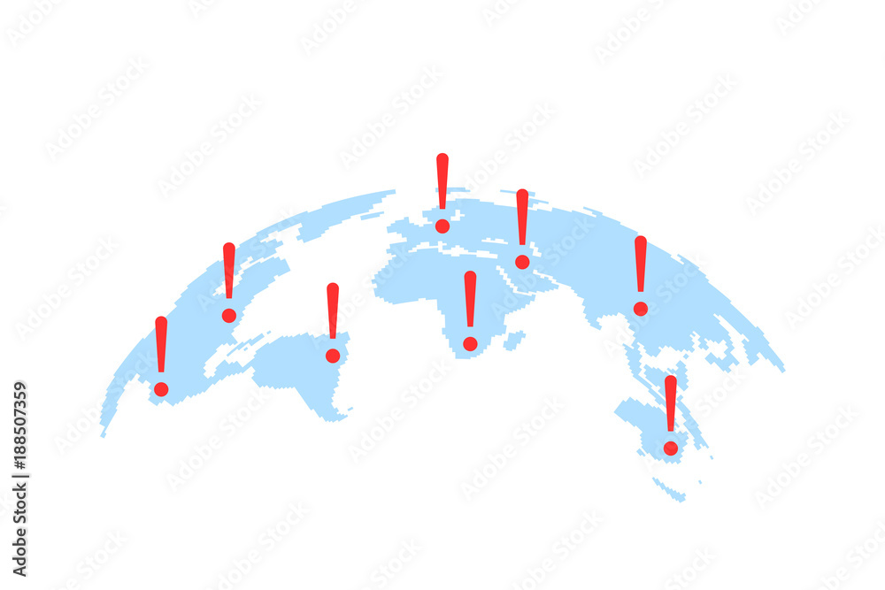world map with abstract epicenters of cyber attacks or disasters Stock ...