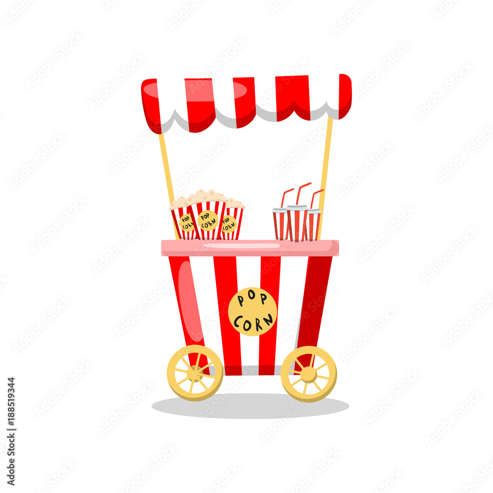 Popcorn cart on wheels, food kiosk cartoon vector Illustration Stock ...