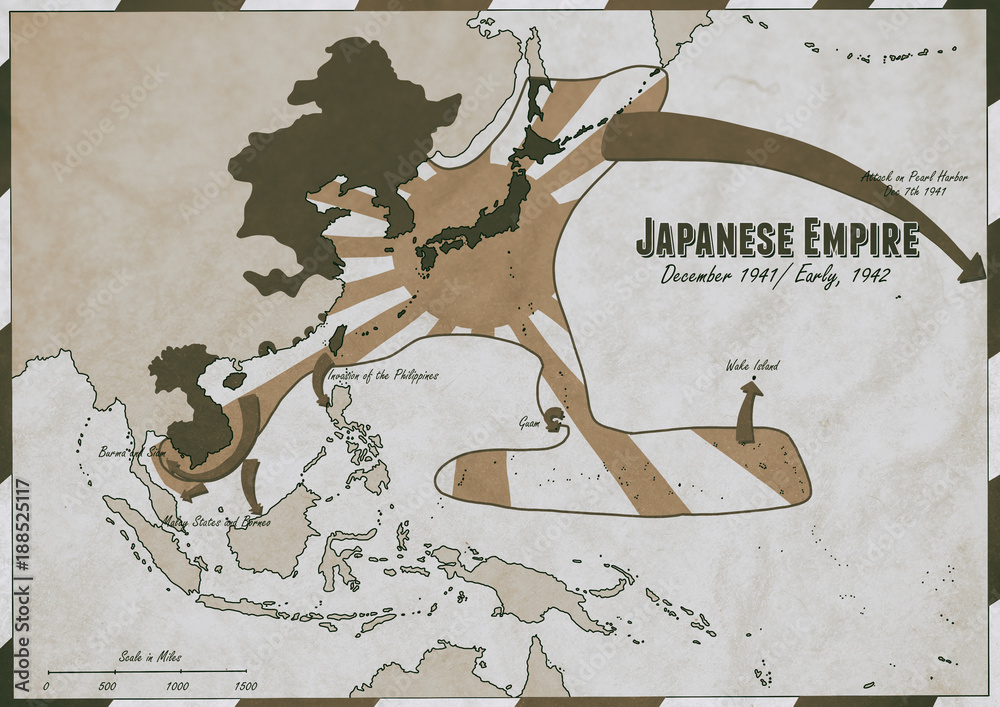 Hand drawn map of Japanese Empire in late 1941 - early 1942. Stock ...