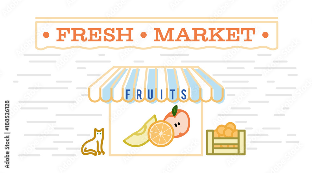 Illustration of fruit shop show-window with demonstrated slice of melon ...