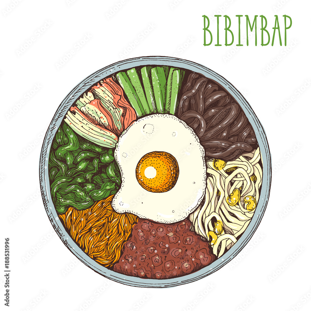 Bibimbap vector illustration. Korean food. Cartoon style. Stock Vector ...