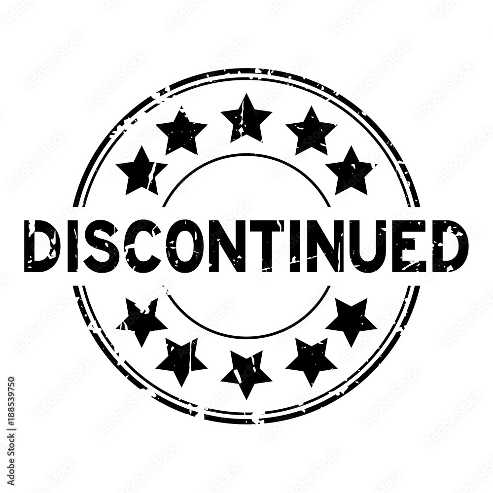 Grunge black discontinued with star icon round rubber stamp on white ...