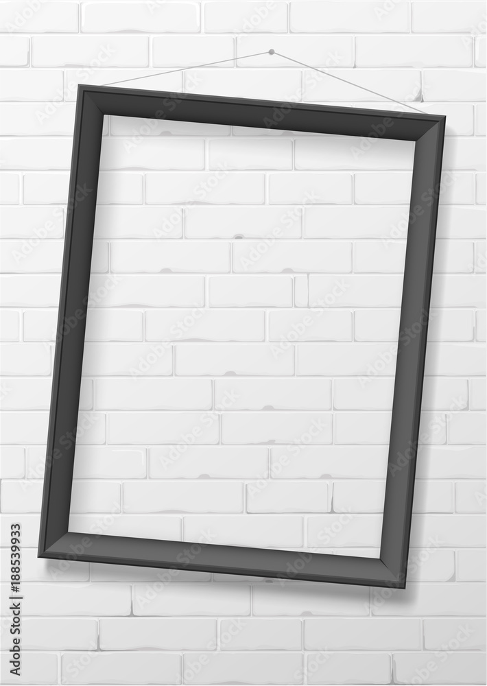 Vertical black thin photo frame from wood on a brick wall. Frame ...