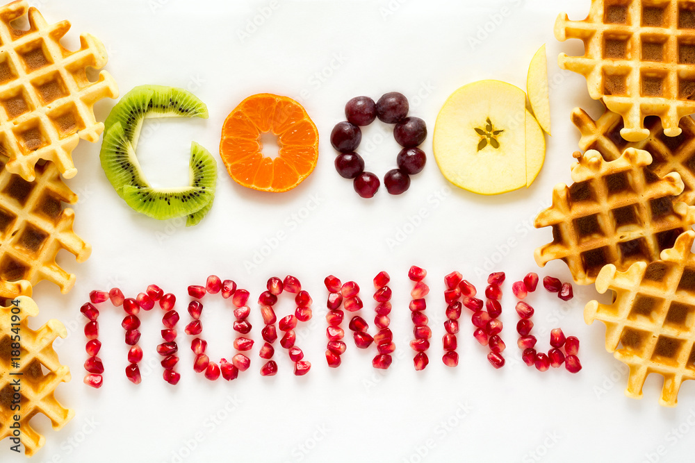 Good morning concept. 'Good morning' words laid out with pieces of ...