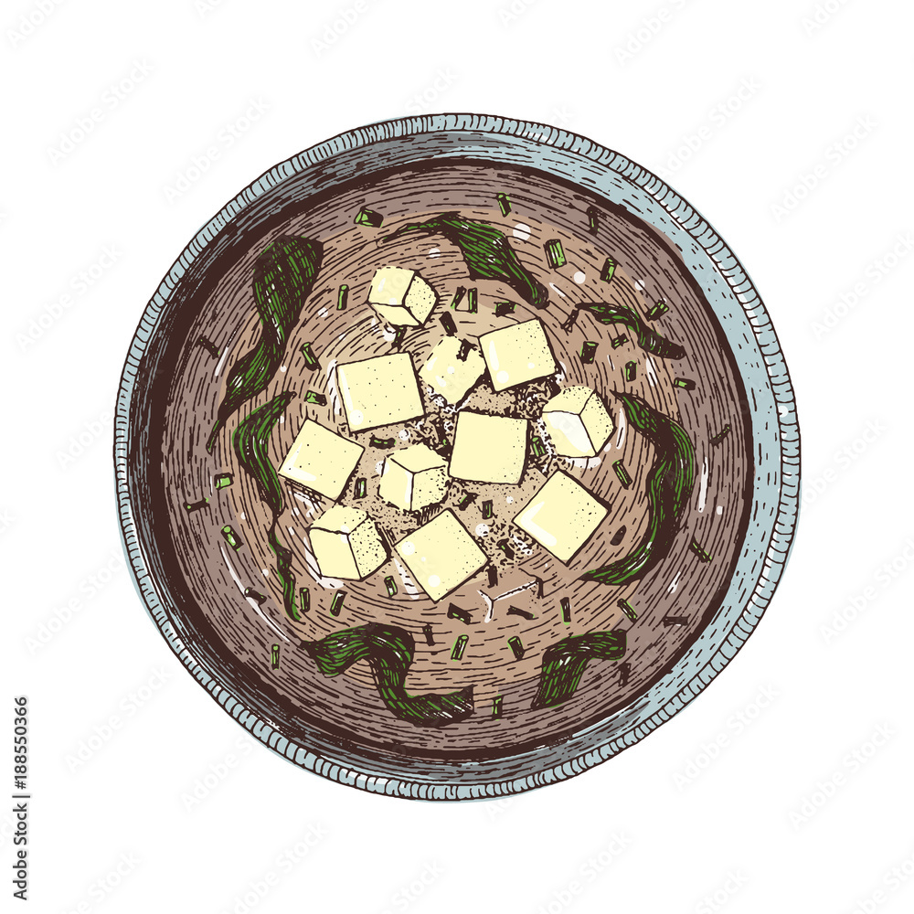 Miso soup top view, japanese food. Hand drawn illustration. Linear ...