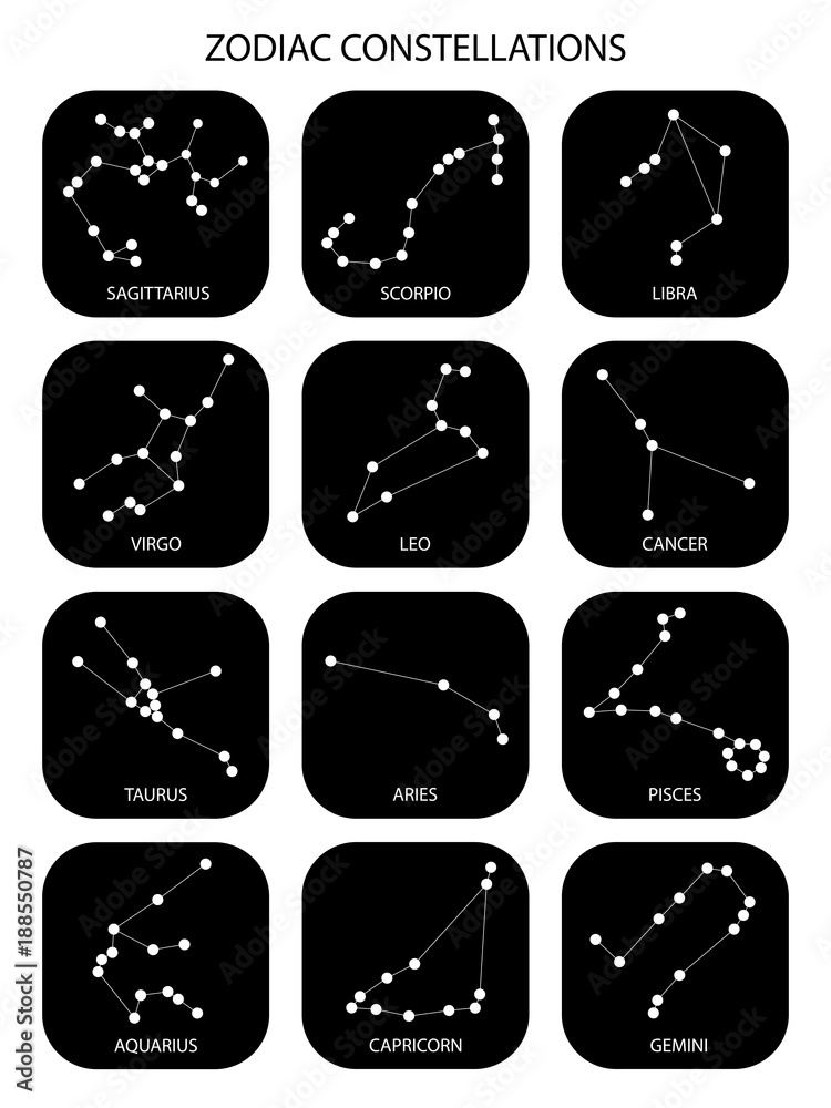 Raster illustration. Constellations of the white zodiac signs ...